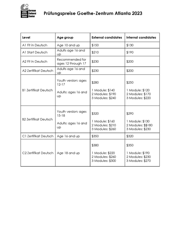Exam Pricing Atlanta : Goethe Exams : Language : Goethe-Zentrum Atlanta