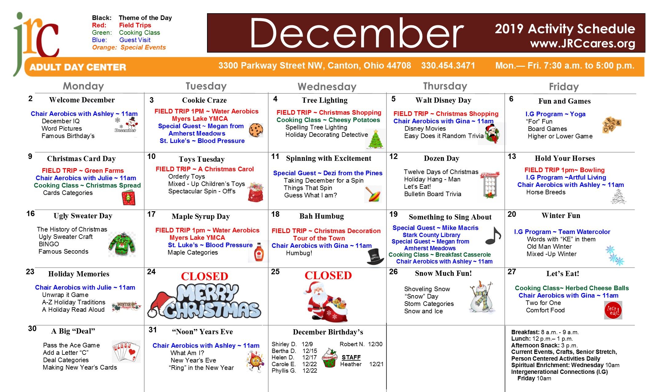 Calendar Adult Day Center Programs Services JRC