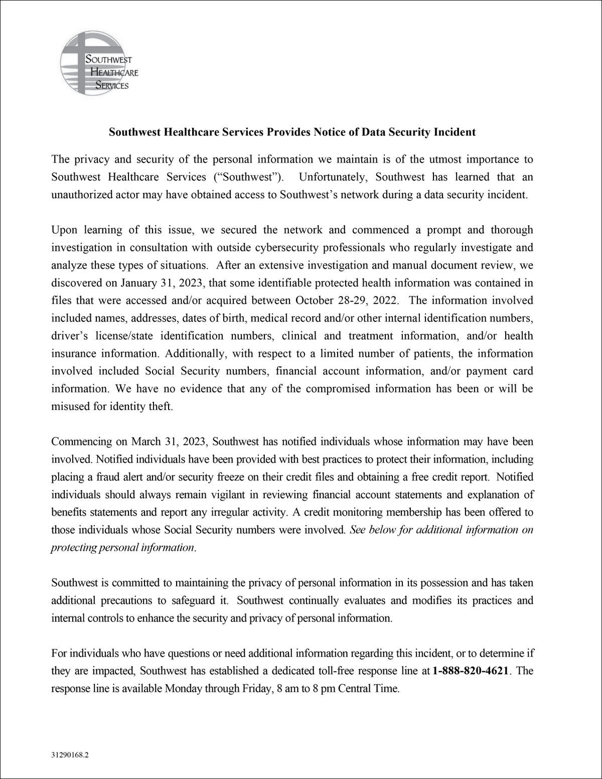 Notice of Data Security Incident : Patient Services : Southwest Healthcare Services