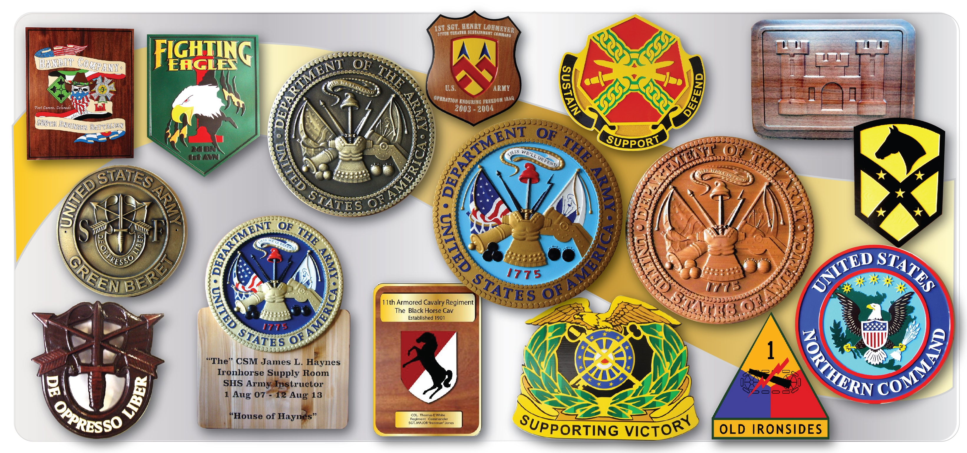 3D Painted, Wood, Bronze, Brass, Silver Army Plaques