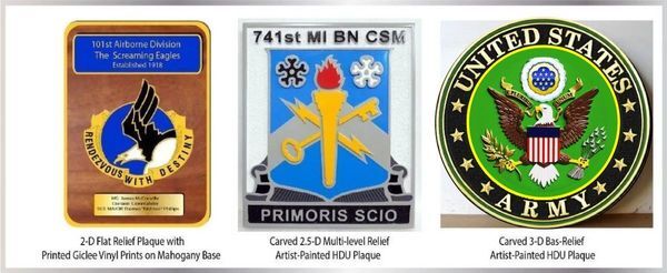 3D Painted, Wood, Bronze, Brass, Silver Army Plaques