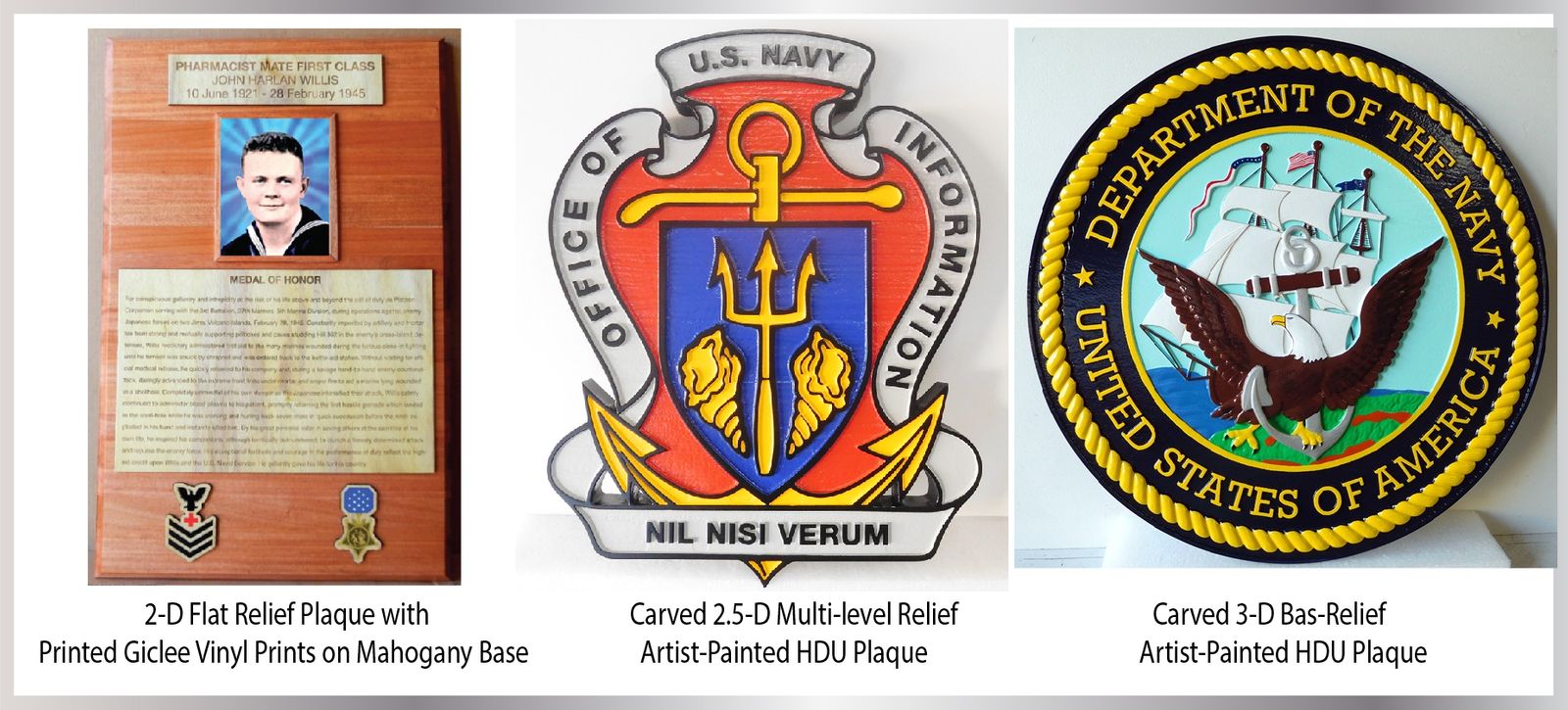 Carved 3D Painted, Wood, Bronze, Brass, Silver Navy Plaques
