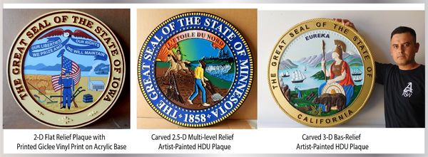 Painted, Wood and Metal 3-D State Seal Wall & Podium Plaques