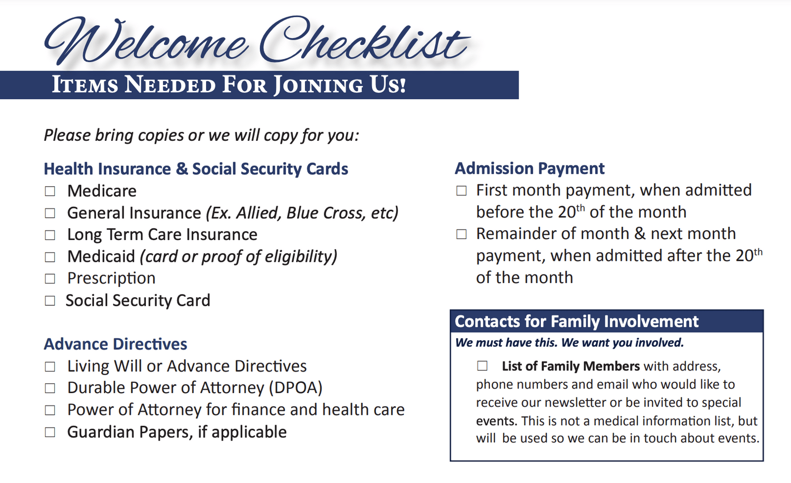 New Resident Welcome Checklist | Saunders Medical Center