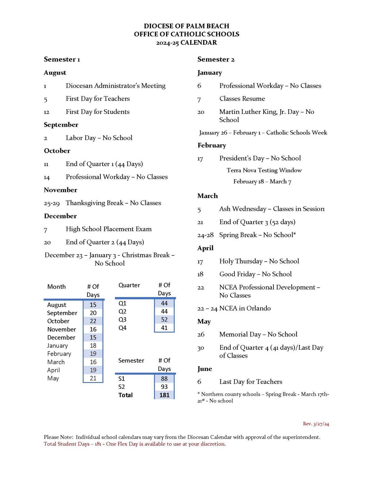 Diocese of Palm Beach Catholic Schools Calendar