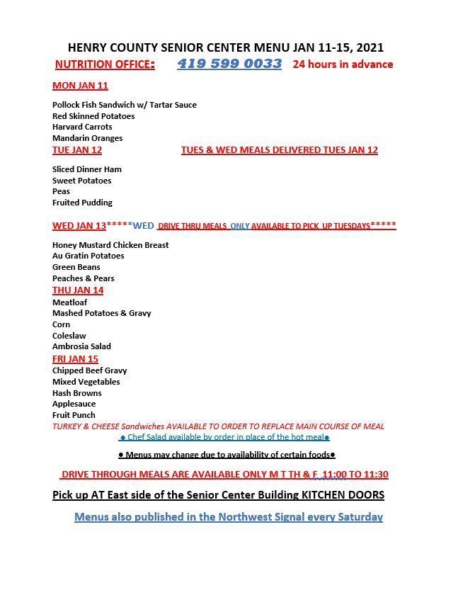Henry County Senior Center : News & Events : Weekly Menu during COVID-19