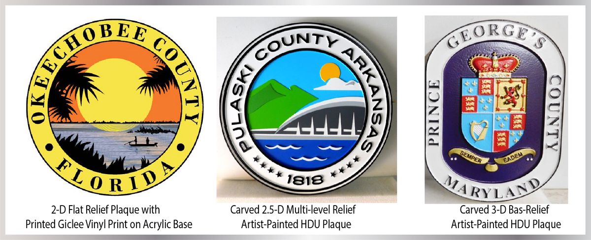 Painted, Wood & Metal 3-D County Seal Wall & Podium Plaques