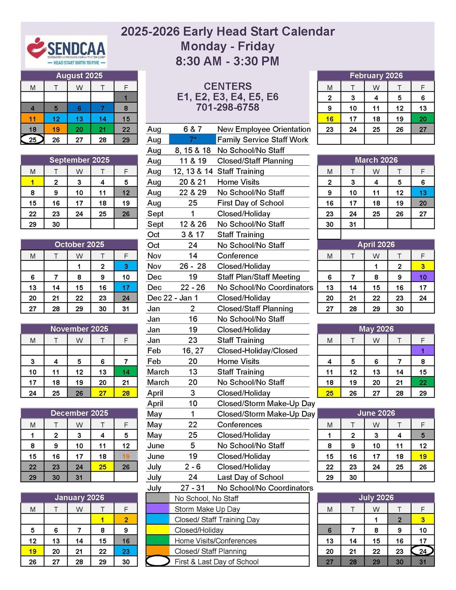 Calendars : Head Start Birth to Five : What We Do : Southeastern North ...