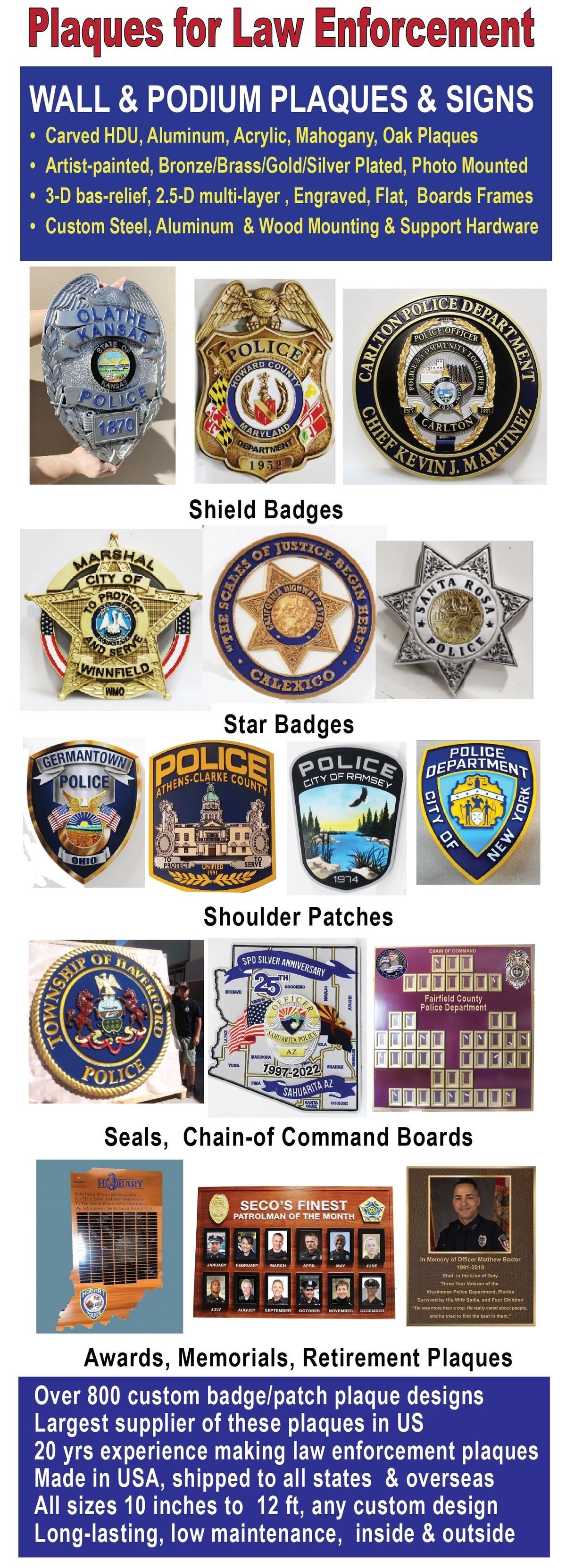 3D Brass,Silver, Painted or Wood Police Badge & Patch Plaques
