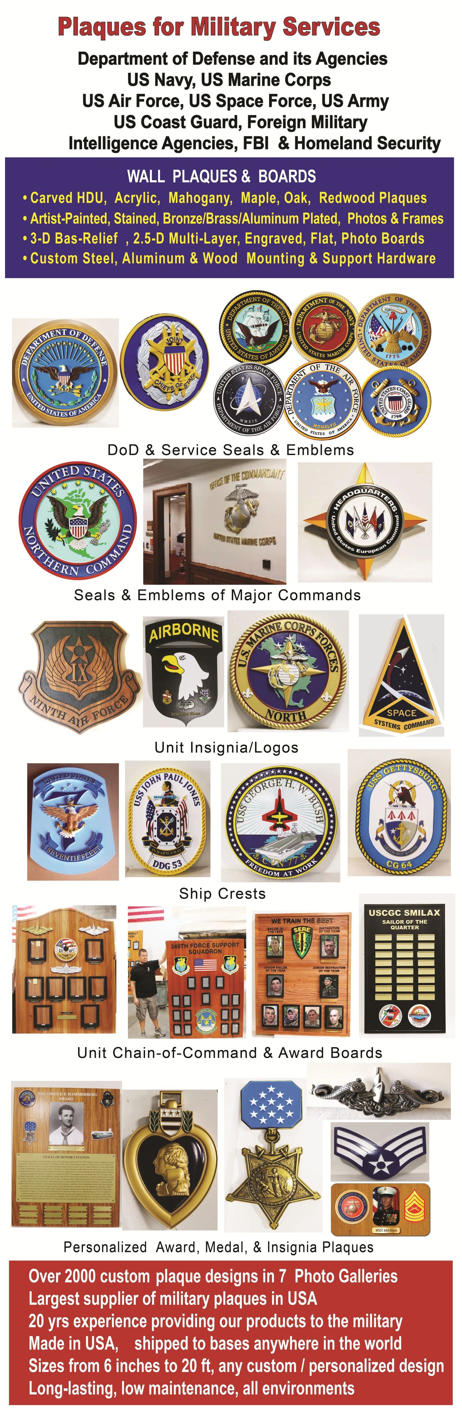 Carved High-Density-Urethane, Wood, and Brass Wall Plaques for Military ...