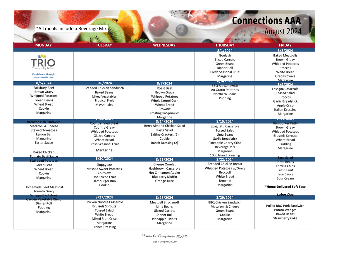 Monthly Menus : Healthy Living : Connections Area Agency on Aging