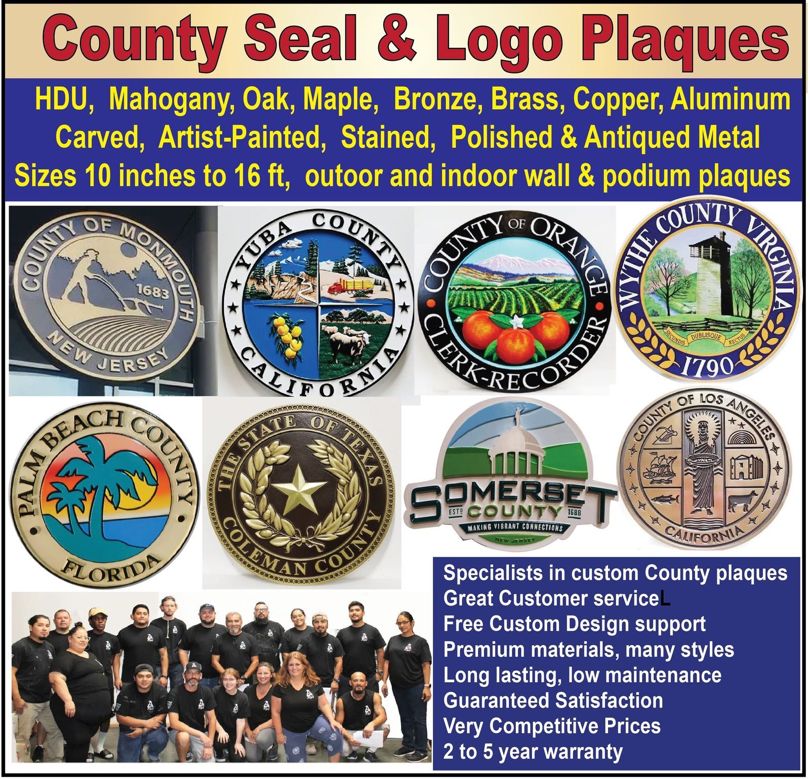 Painted, Wood & Metal 3-D County Seal Wall & Podium Plaques
