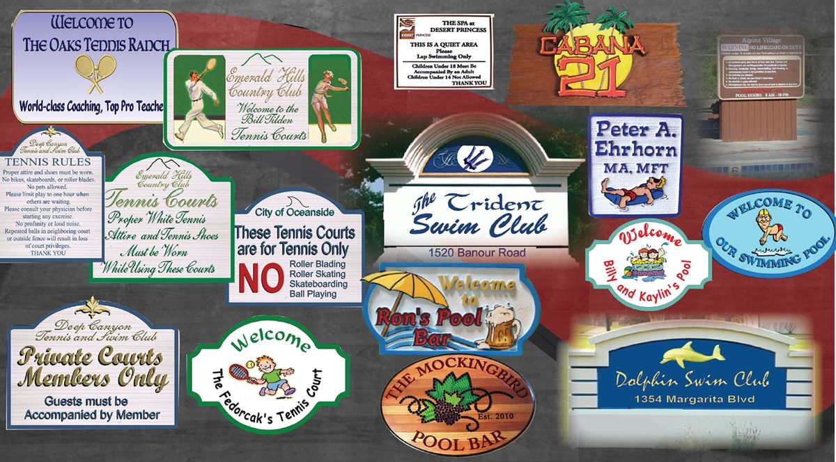 swimming pool signs, tennis court signs, swim club signs, restroom signs