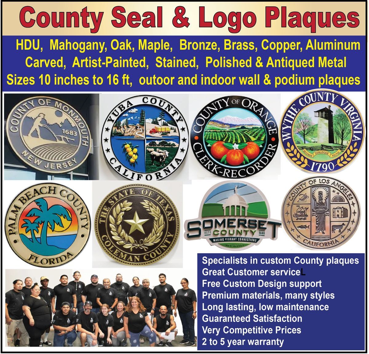 Painted, Wood & Metal 3-D County Seal Wall & Podium Plaques