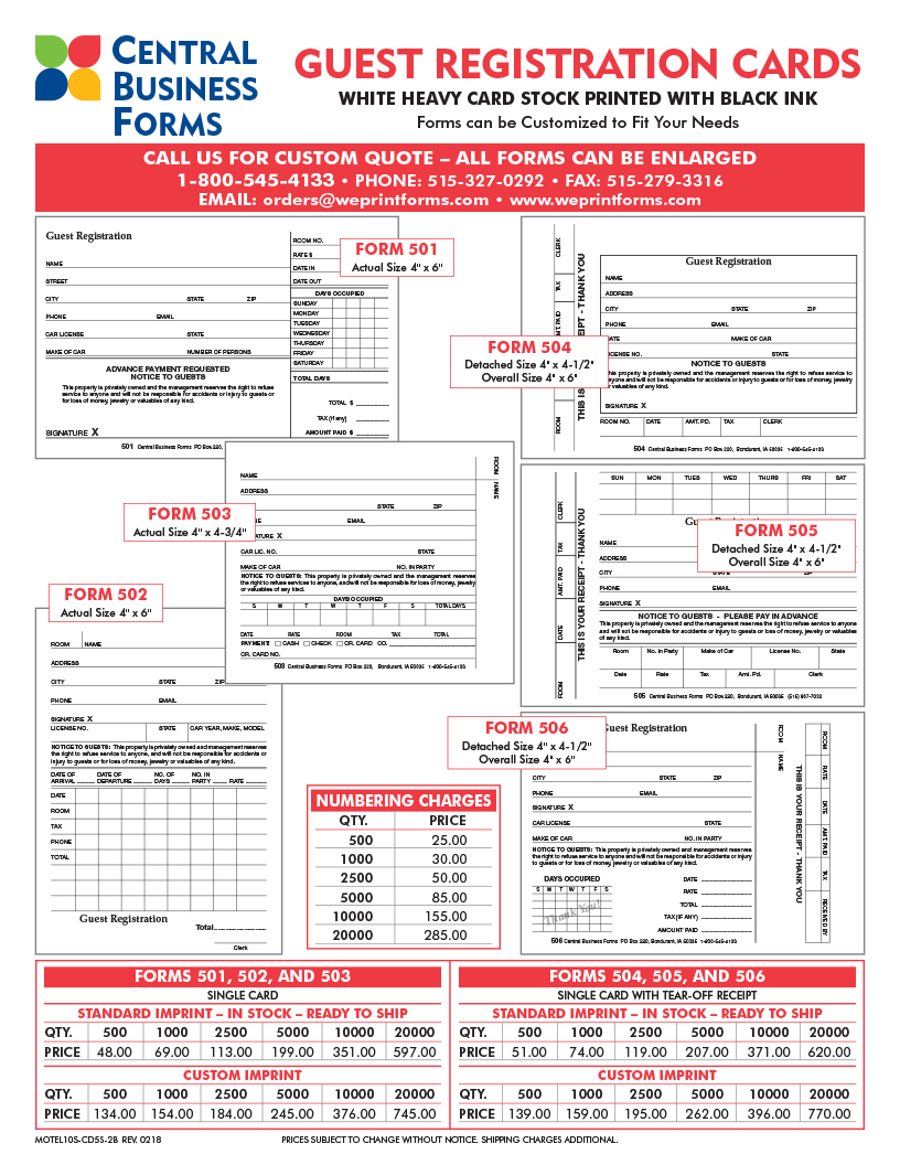 Guest Registration, Registration cards and forms
