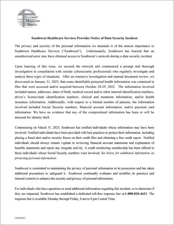 Notice of Data Security Incident : Patient Services : Southwest ...