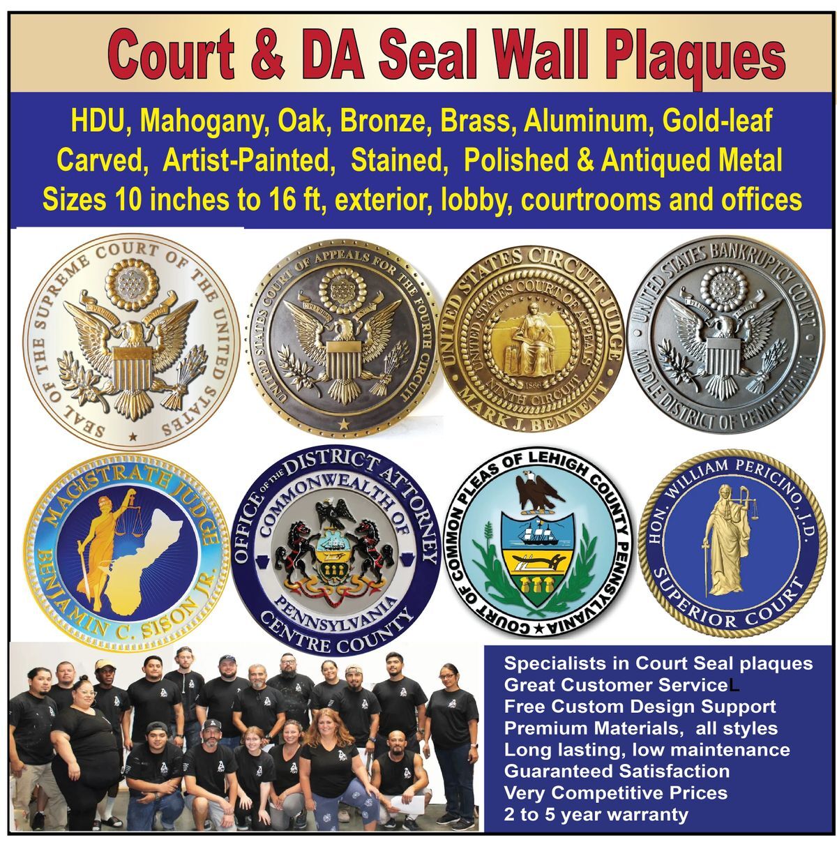 Carved 3D, Bronze, Brass, Silver, Wood or Painted Court Plaques