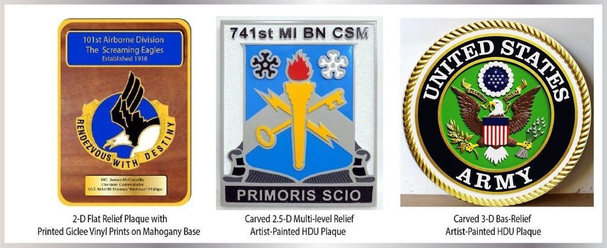 3D Painted, Wood, Bronze, Brass, Silver Army Plaques