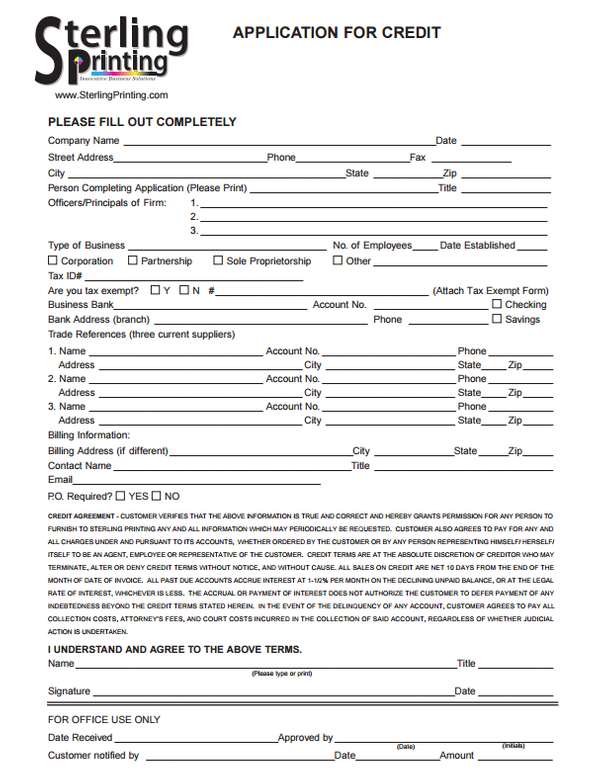 Sterling Printing's Application for Credit in Massachusetts