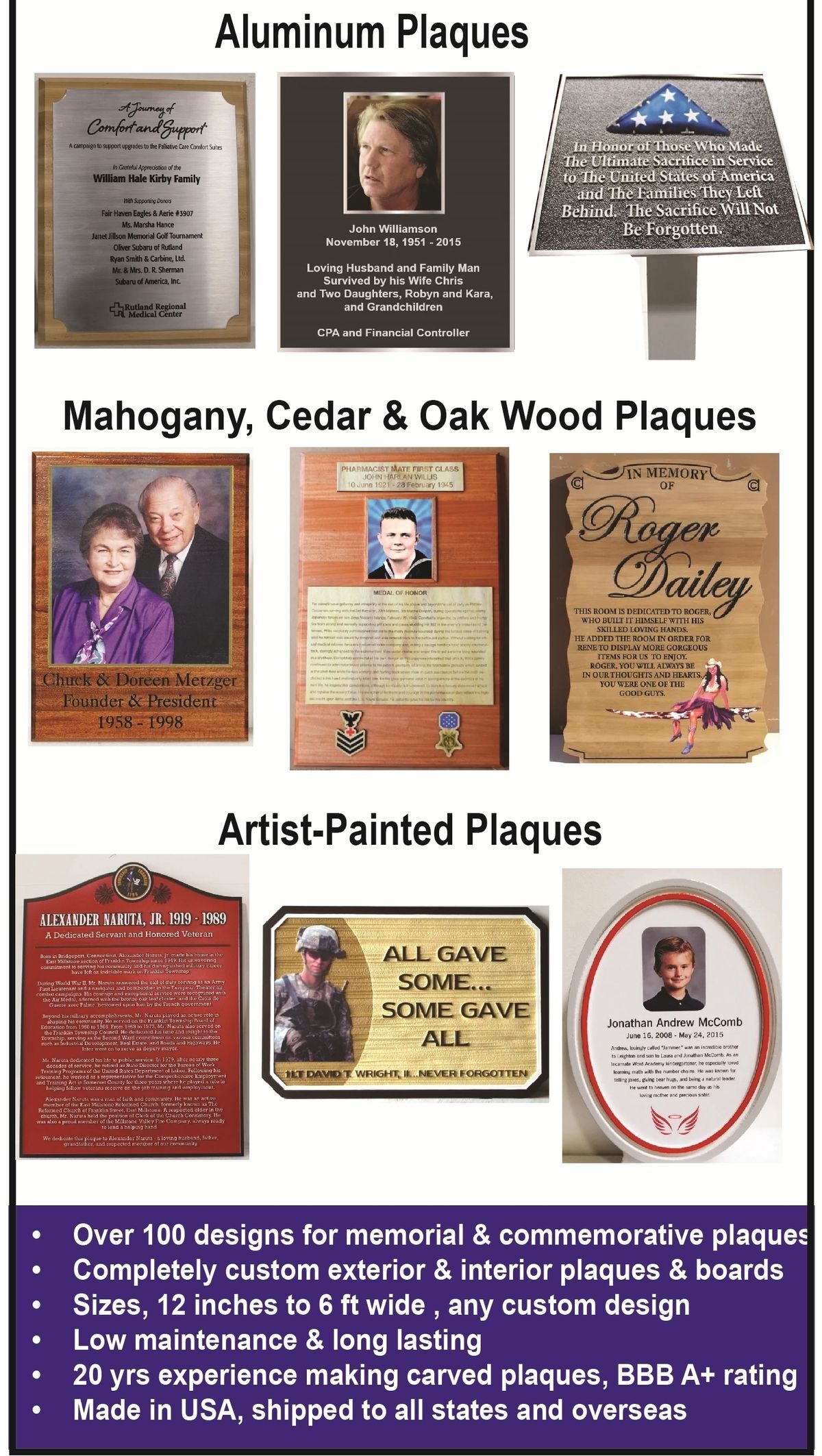 Bronze, Brass, Silver, Photo, or Carved Wood Memorial Plaques