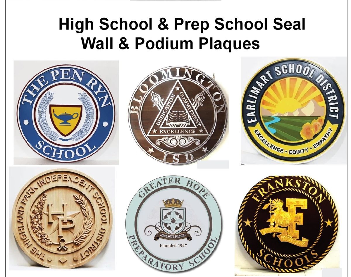 Carved 3-D Wood, Painted, Bronze, Brass, Silver School Plaques