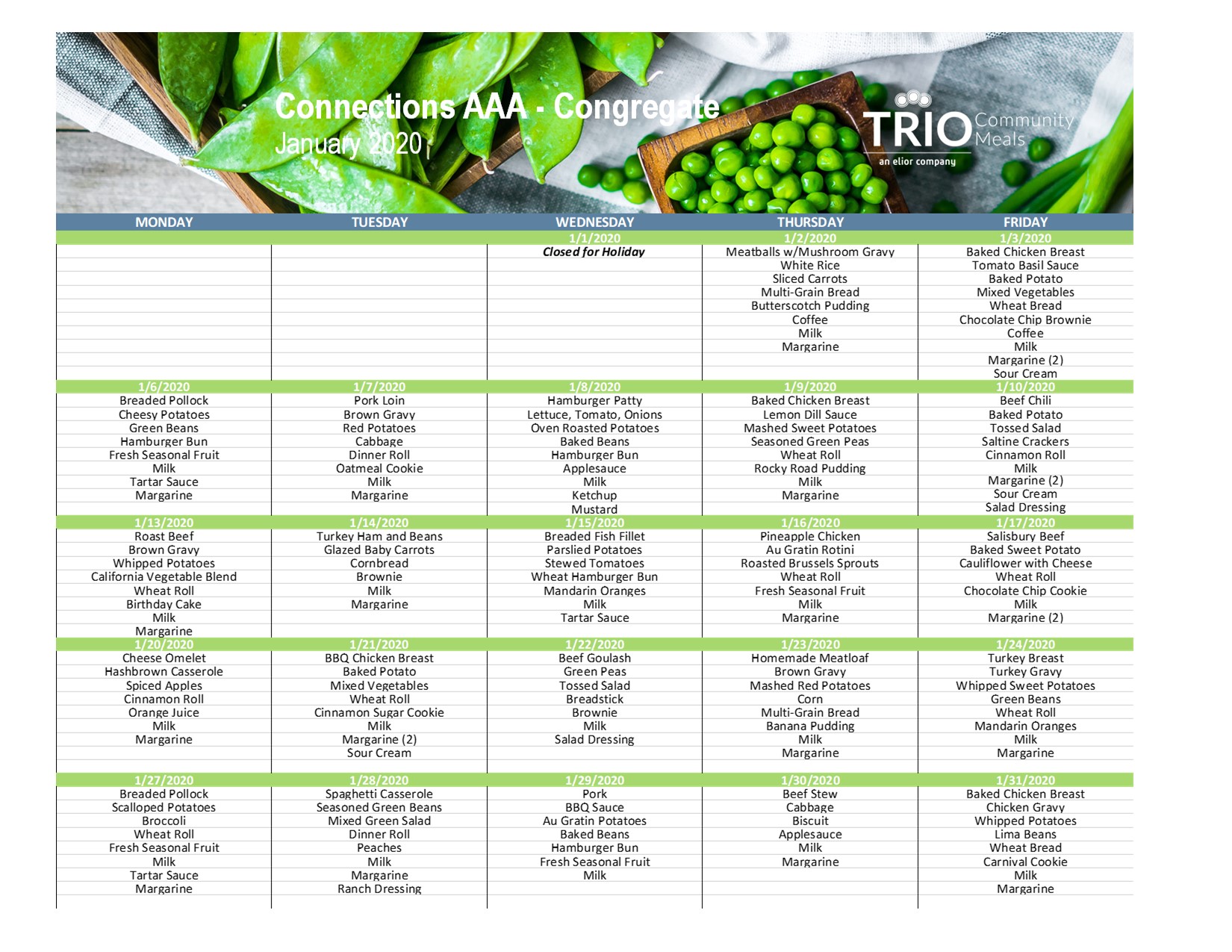 Connections Area Agency on Aging : Healthy Living : This Month's Menu