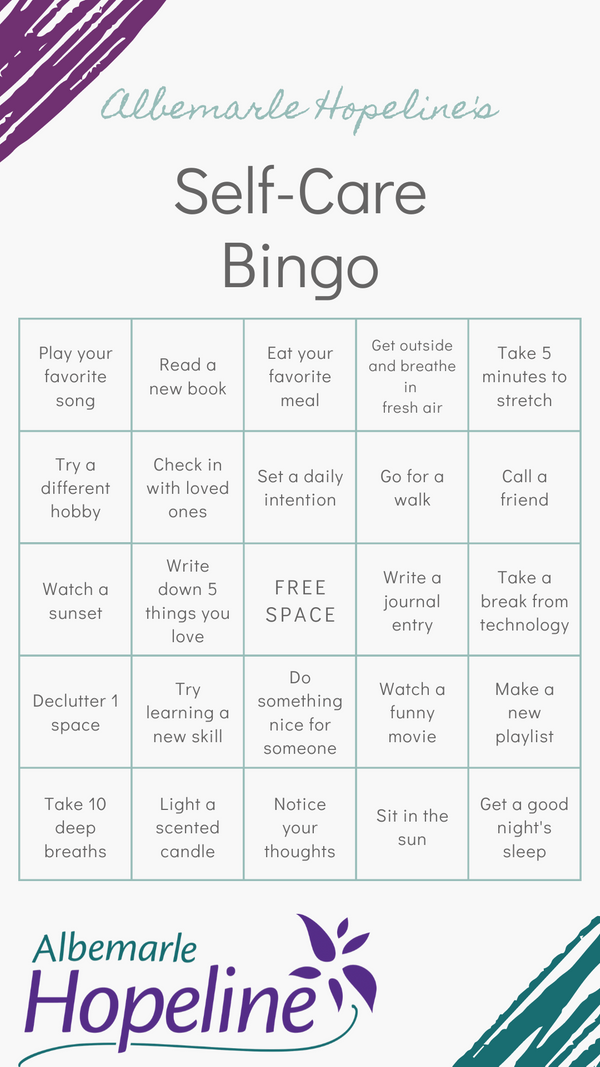 Self-Care Bingo Game : Blog : Get Connected : Albemarle Hopeline