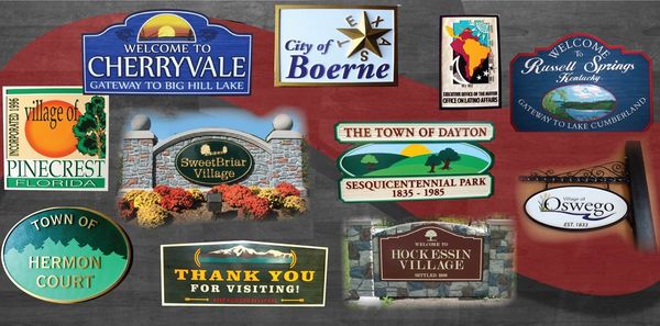 City and village welcome, entrance and wayfinding signs.