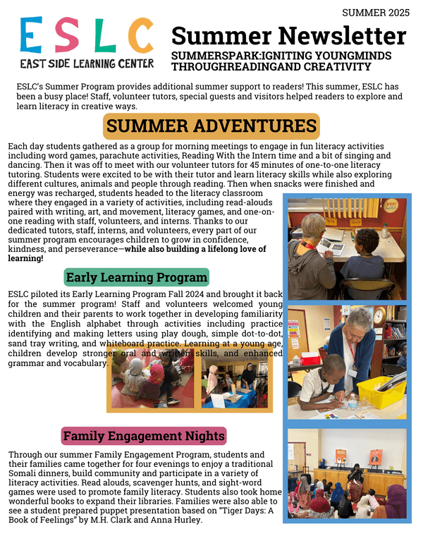 Summer 2025 Newsletter : Newsletters : News : East Side Learning Center