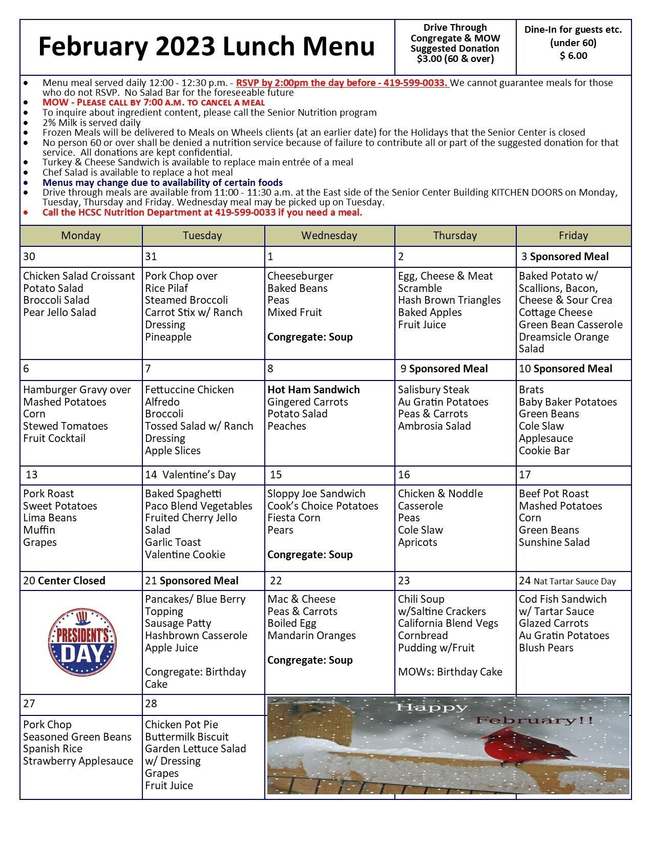 Monthly Menu : News & Events : Henry County Senior Center