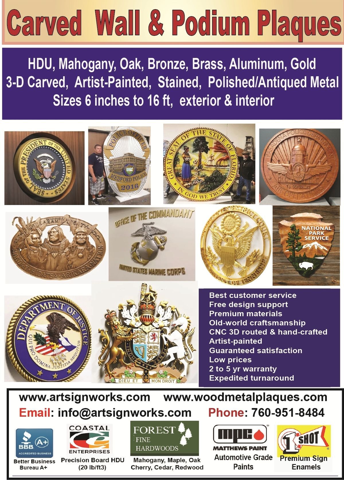 Carved 3-D Wood, Bronze, Brass, Silver or Painted Wall & Podium Plaques
