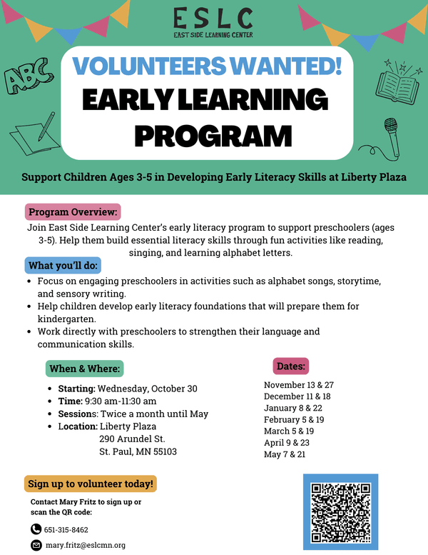 Volunteer for our Early Learning Program : Volunteer : Get Involved : East Side Learning Center