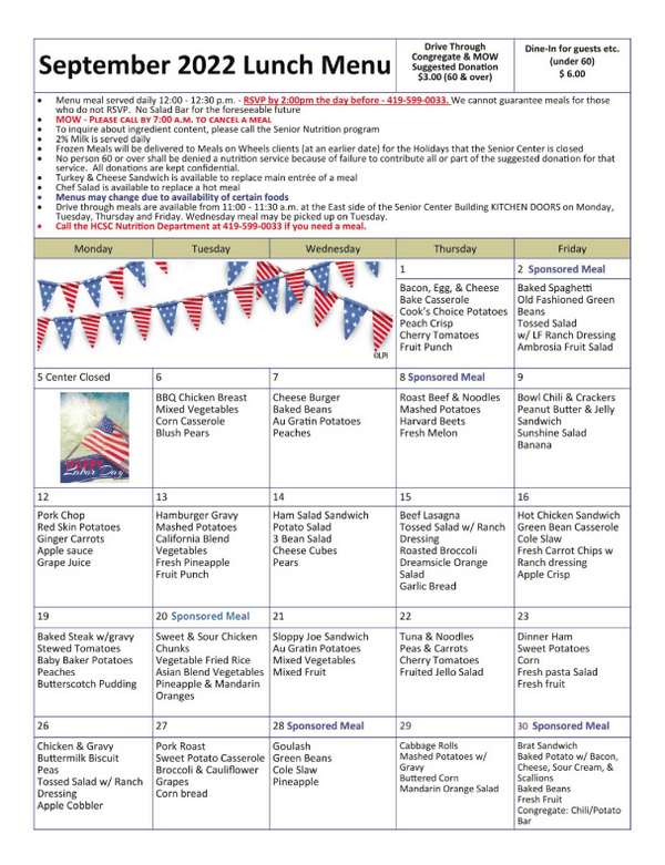 Monthly Menu : News & Events : Henry County Senior Center
